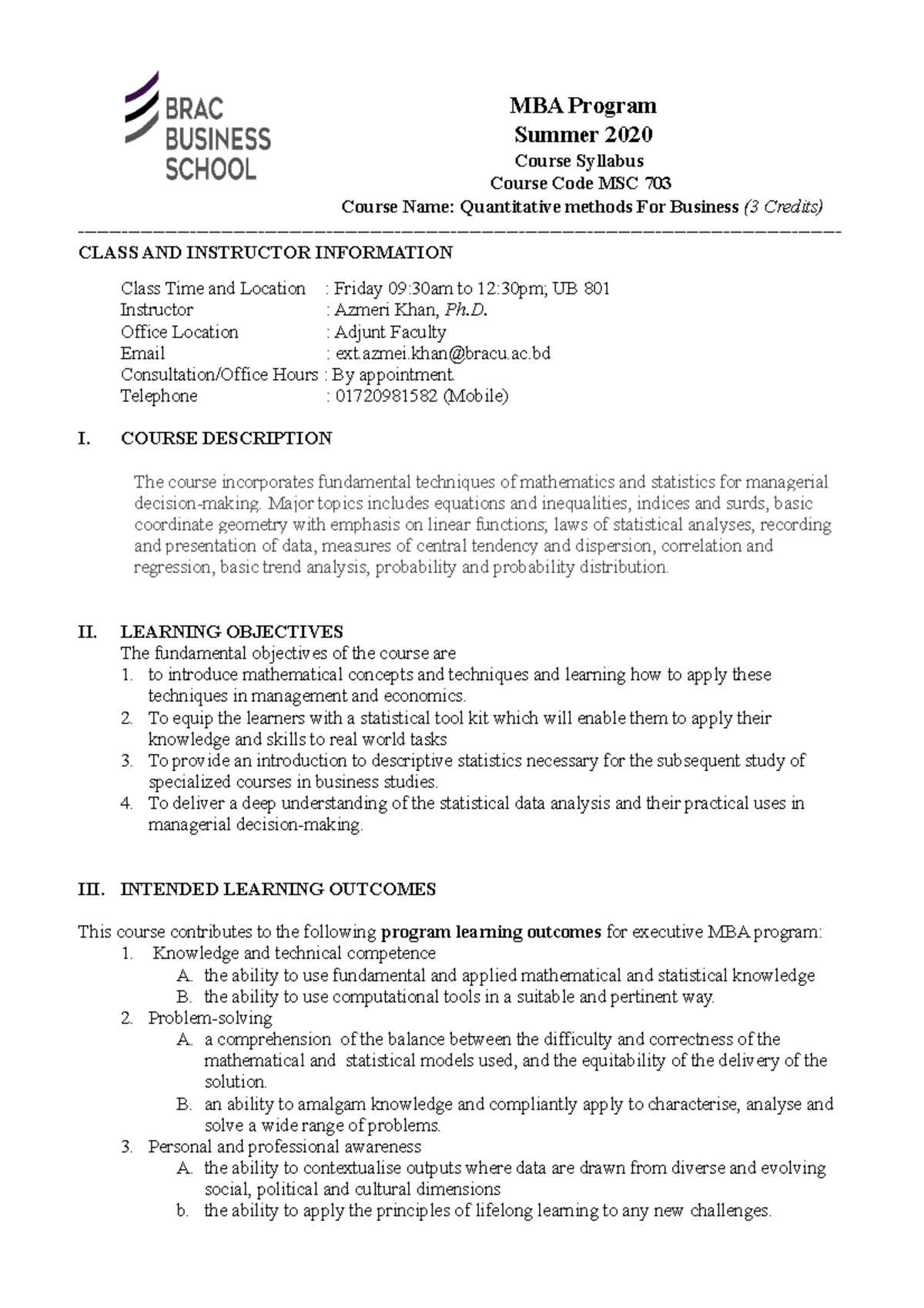 Course outline 703 - Only new - MBA Program Summer 2020 Course Syllabus ...
