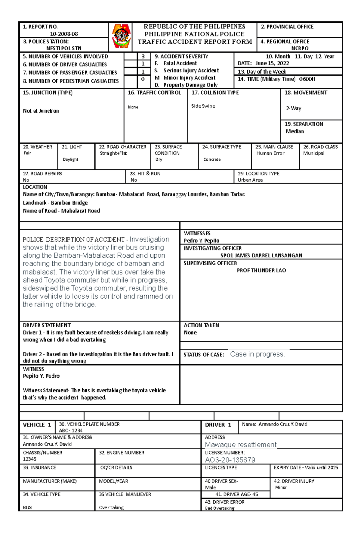 Traffic Accident Report 3RD YEAR - 1. REPORT NO. 10-2008- REPUBLIC OF ...