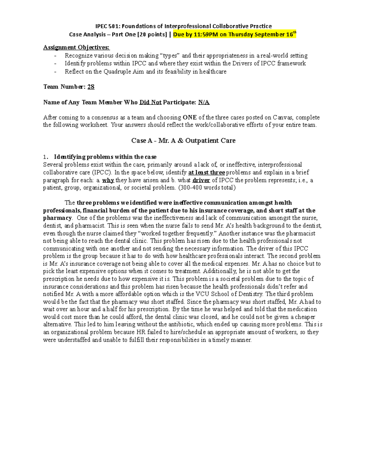 Case Analysis - Part One Team Worksheet - Case Analysis – Part One [20 ...