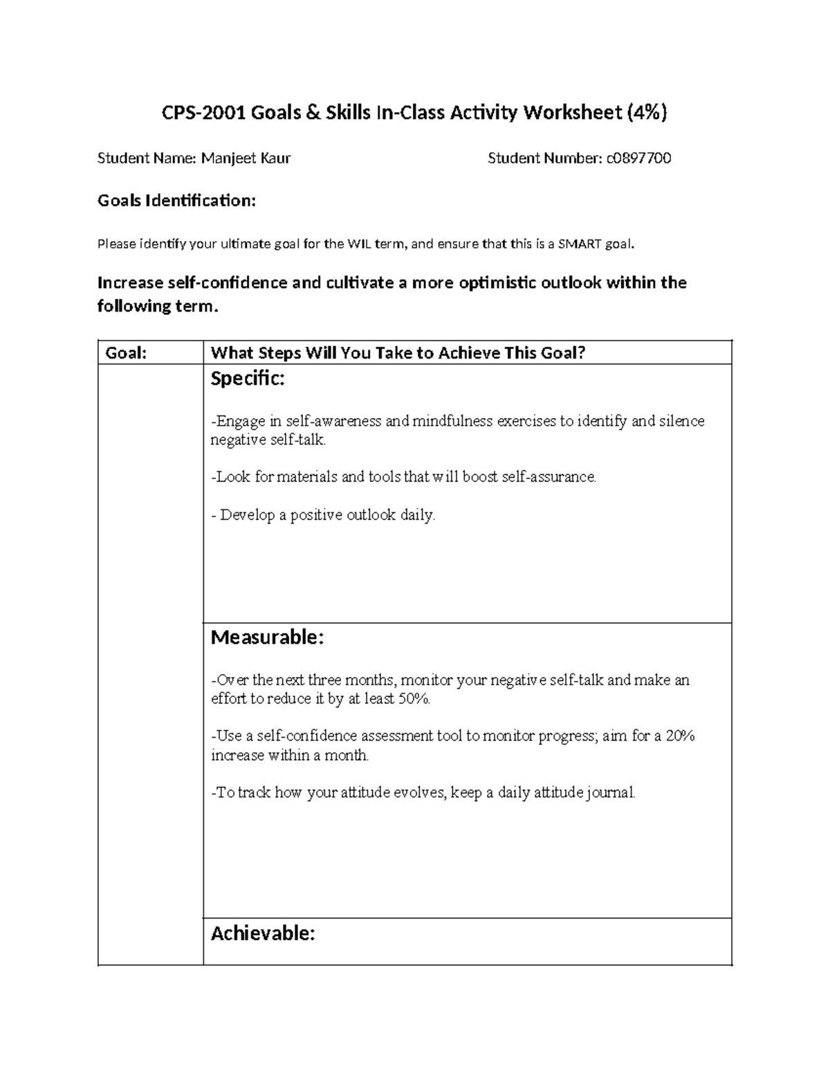CPS 2001 - Goals and Skills Activity Worksheet (1.2) - CPS-2001 Goals ...