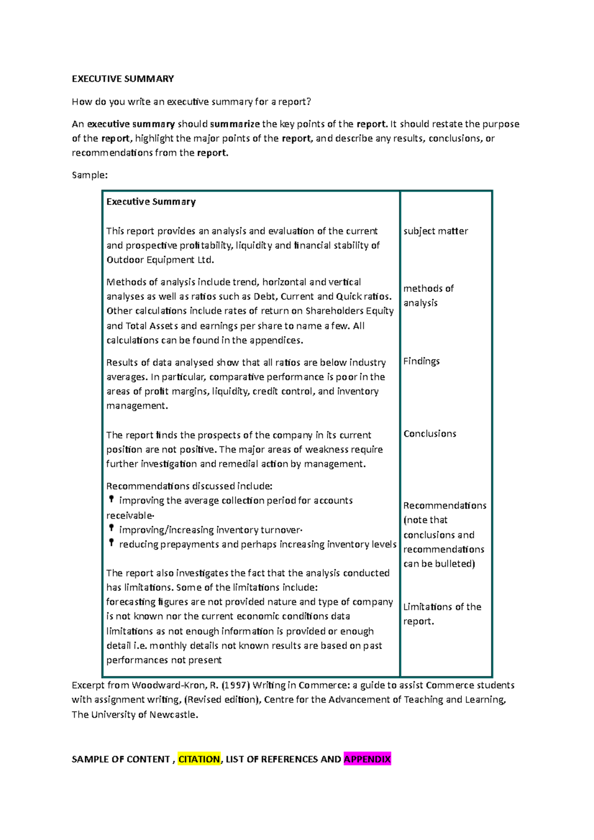 Samples - Lecture notes 4 - EXECUTIVE SUMMARY How do you write an ...