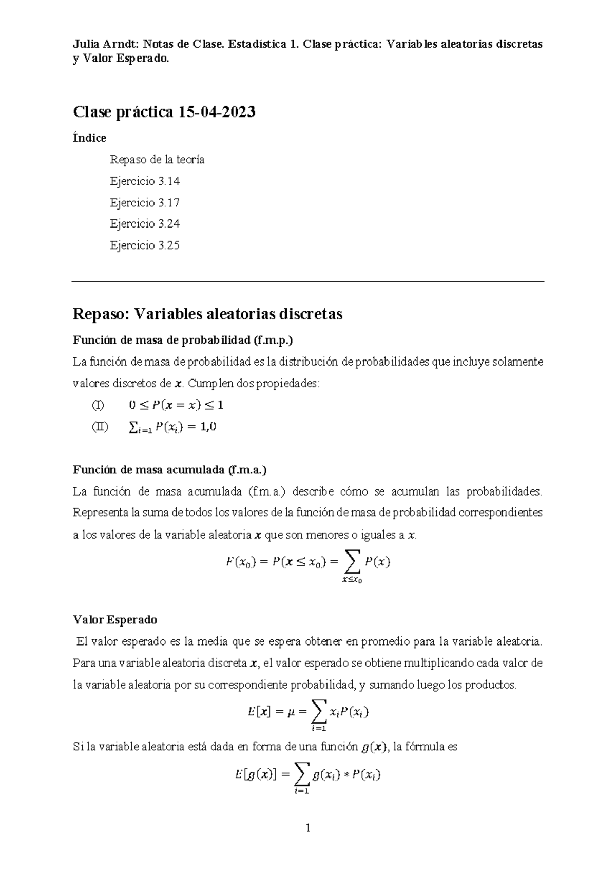 Variables aleatorias discretas y valor esperado - y Valor Esperado. Clase práctica 15-04- Índice ...