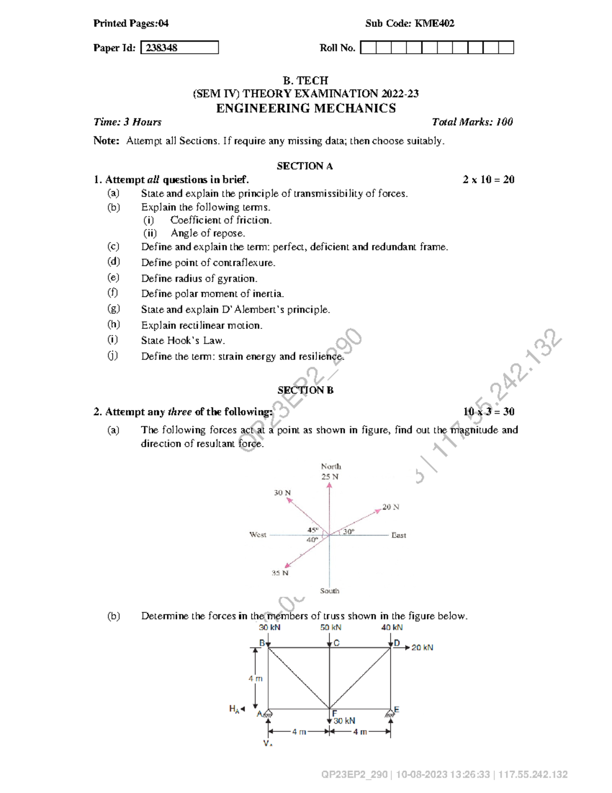 Btech me 4 sem engineering mechanics kme 402 2023 - QP23EP2_ | 10-08 ...