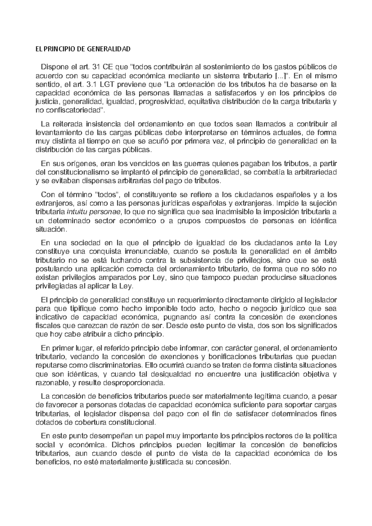 EL Principio DE Generalidad - EL PRINCIPIO DE GENERALIDAD Dispone el ...