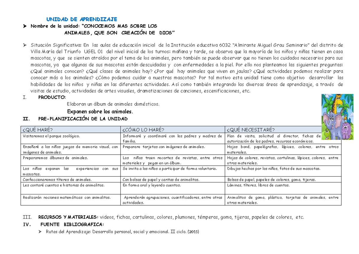 Unidad DE Aprendizaje Animales - UNIDAD DE APRENDIZAJE Nombre de la ...