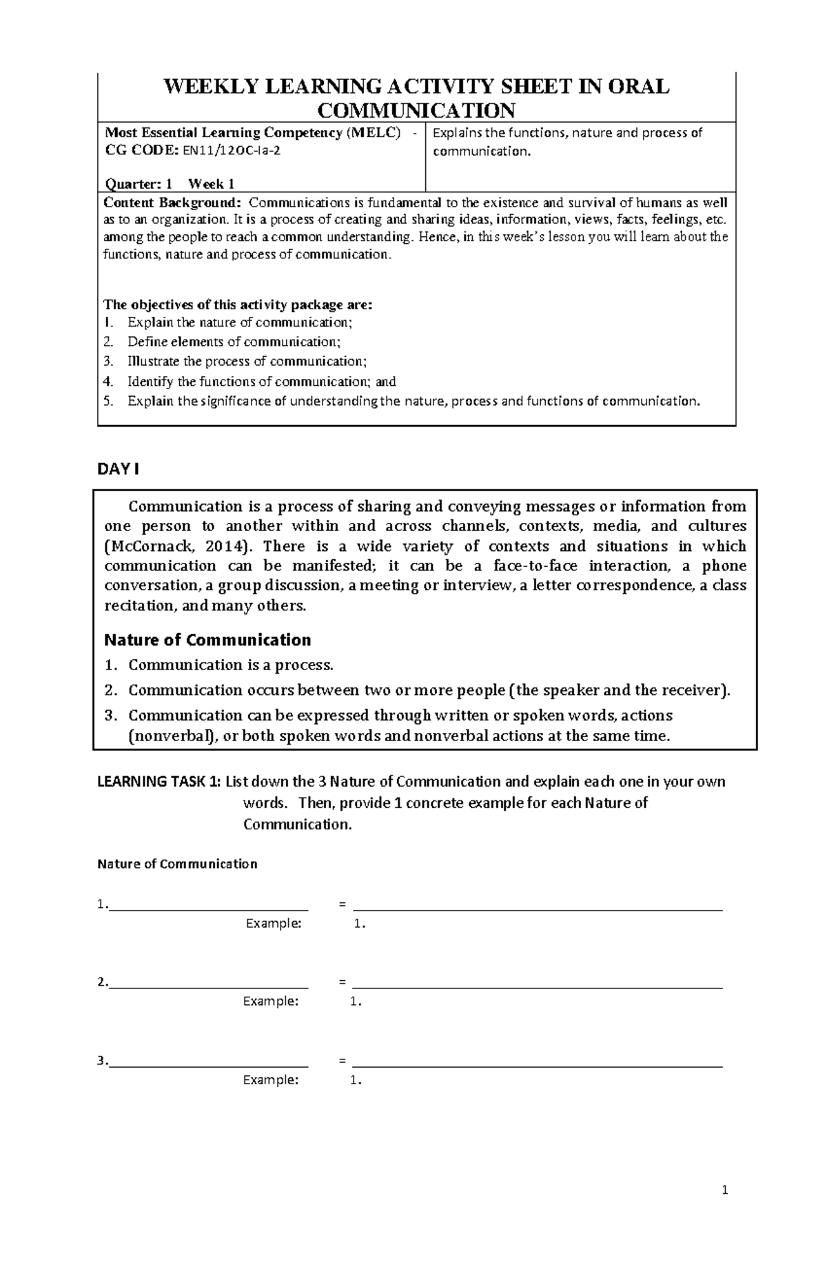 WEEK 1 ORAL COM - Oral Communication Grade 11 - DAY I LEARNING TASK 1 ...