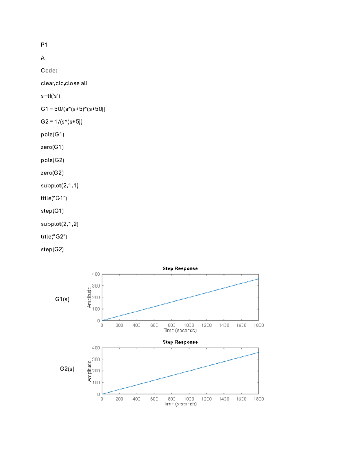 HW3 - code - P A Code: clear,clc,close all s=tf('s') G1 = 50/(s*(s+5)(s+50)) G2 = 1/(s(s+5 ...