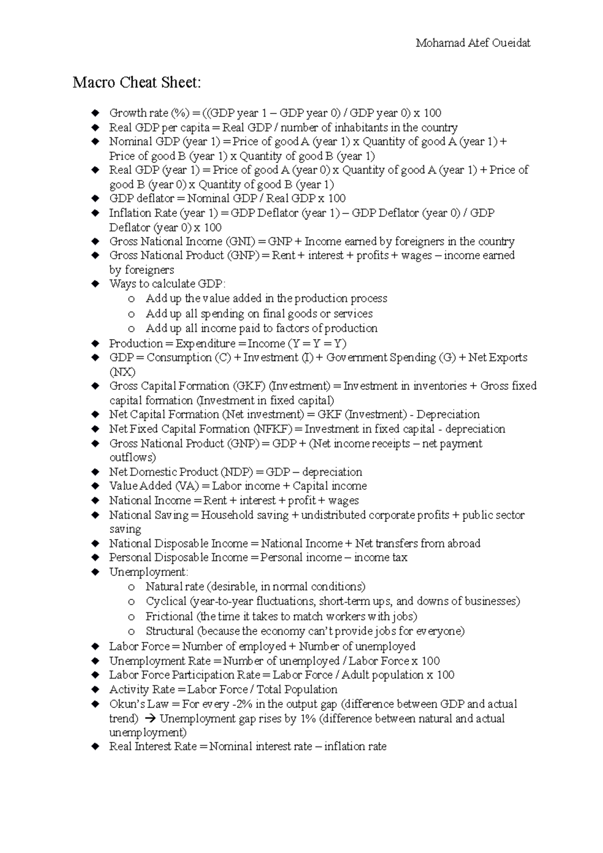 Macroeconomics Cheat Sheet - Macro Cheat Sheet: Growth rate (%) = ((GDP ...