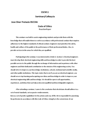 Ecubeza- Reaction Paper (CODE OF Ethics) - ESEM 11 SEMINARS/COLLOQUIA ...