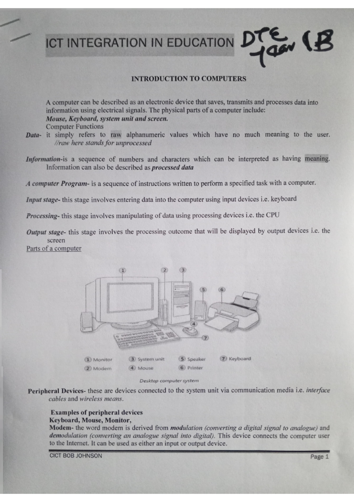 Information communication technology - ICT INTEGRATION IN EDUCATION DTE year (B INTRODUCTION TO ...