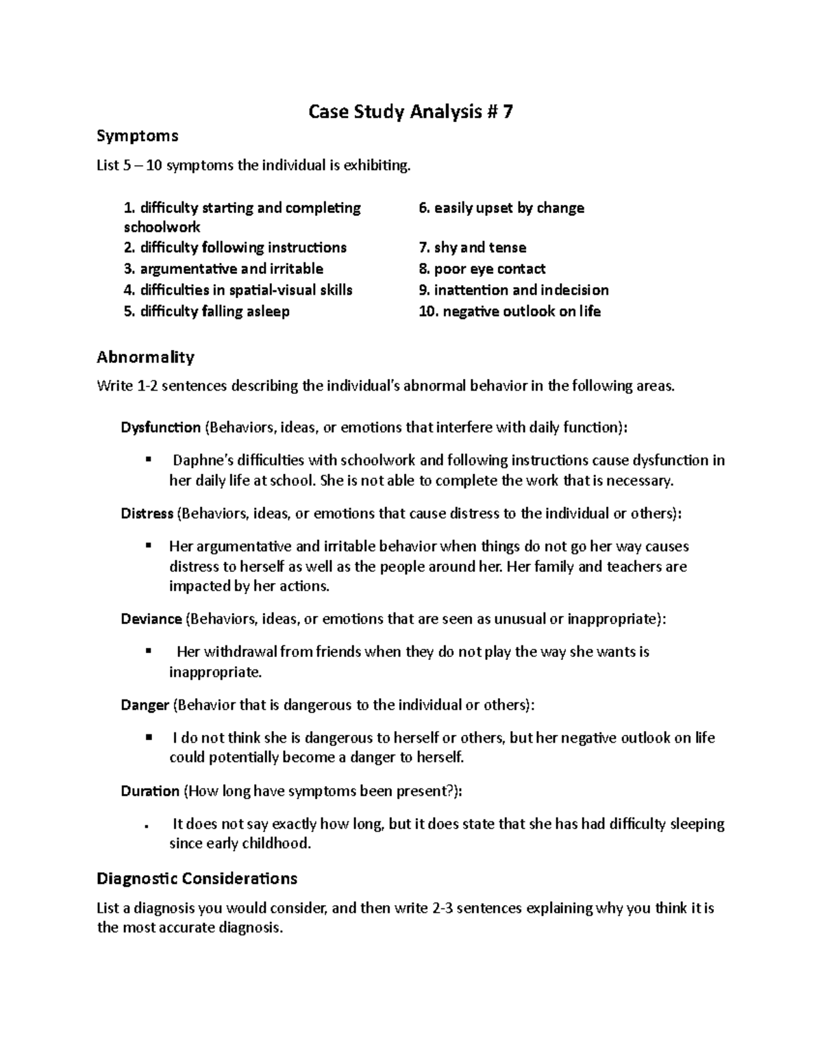 Case Study Analysis 7 - Symptoms Case Study Analysis # 7 List 5 – 10 ...