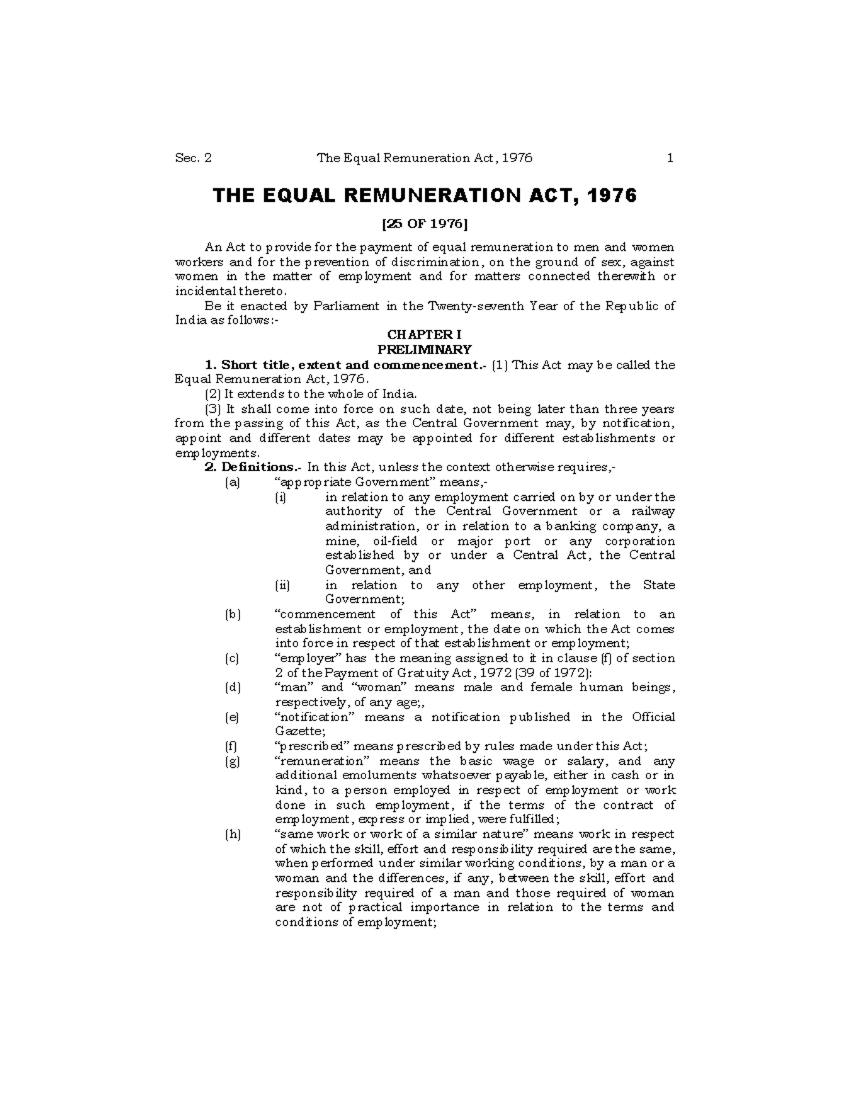 Equal remuneration act 1976 - Sec. 2 The Equal Remuneration Act, 1976 1 THE EQUAL REMUNERATION ...