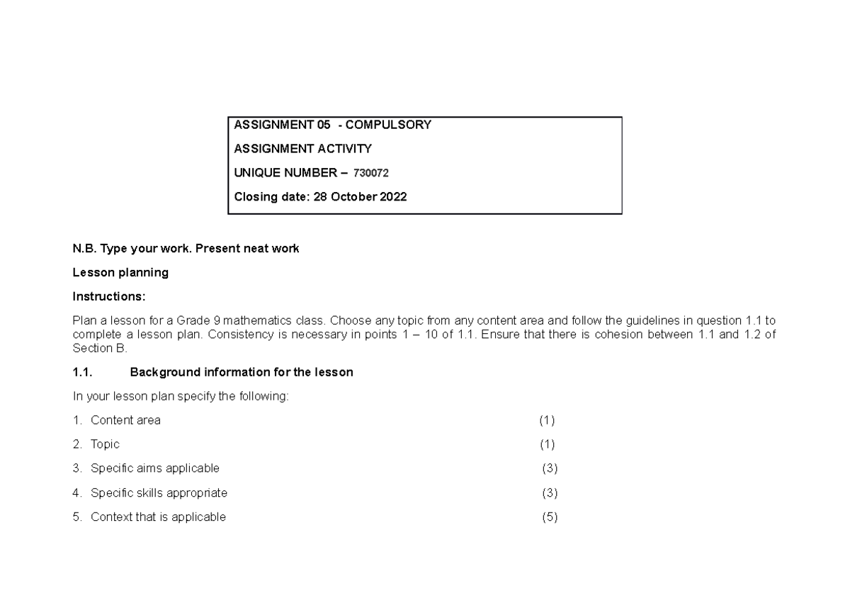 Assignment 5 question - N. Type your work. Present neat work Lesson ...