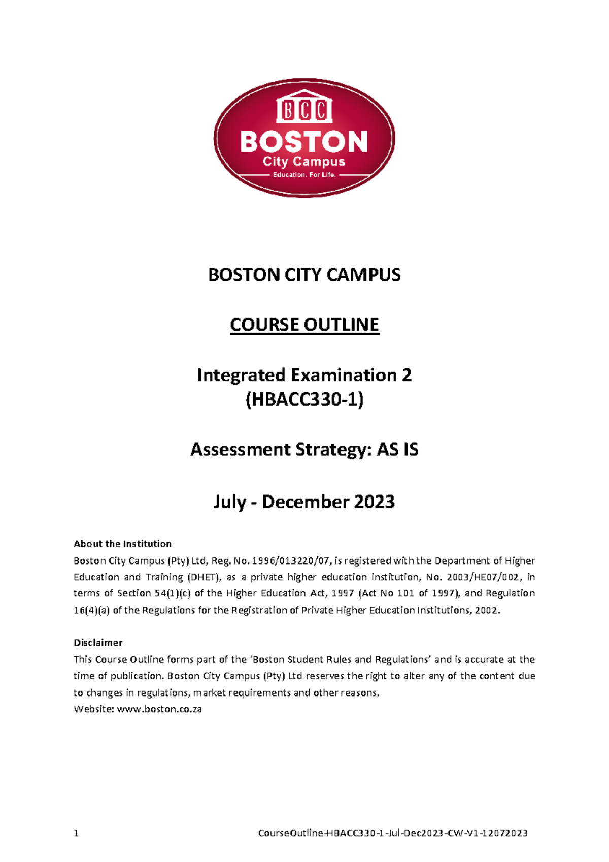 Course Outline Hbacc 330 1 Jul Dec2023 CW V1 25072023 - BOSTON CITY CAMPUS COURSE OUTLINE ...