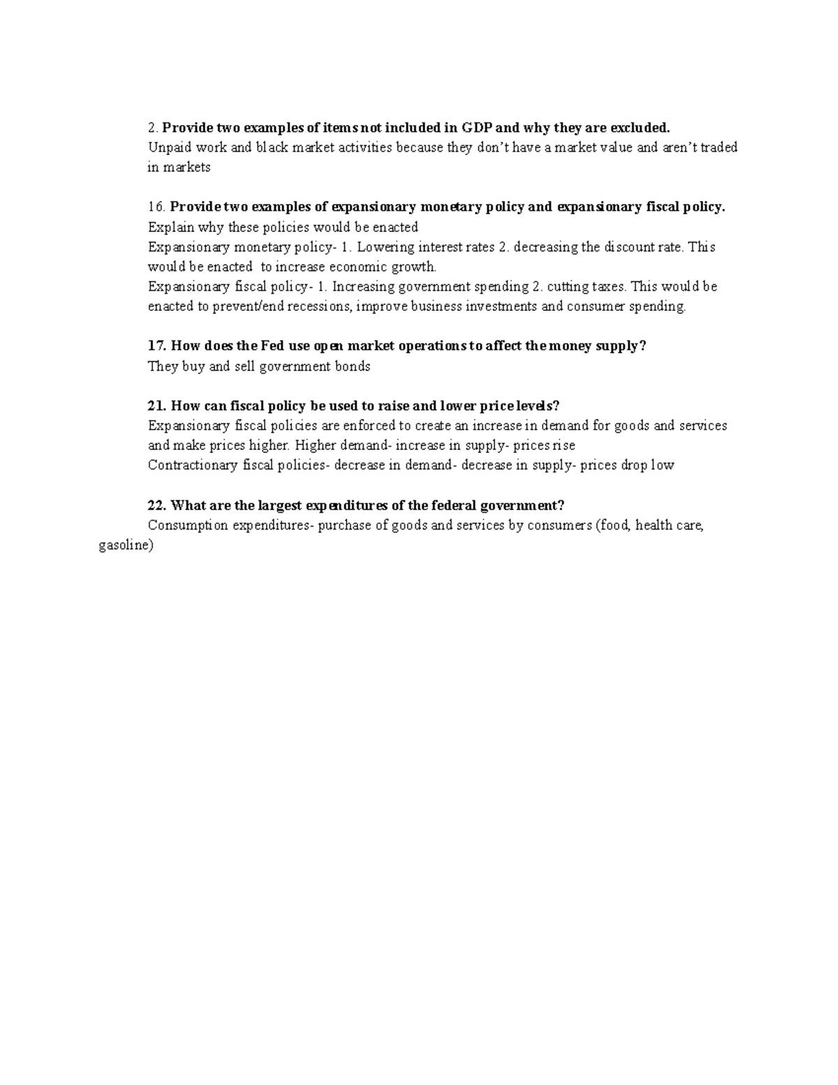 Unit 4 Remediation - Provide two examples of items not included in GDP ...