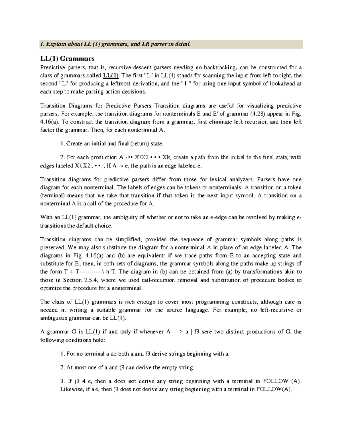 ASIN - assignments - Explain about LL (1) grammars, and LR parser in detail. LL(1) Grammars ...
