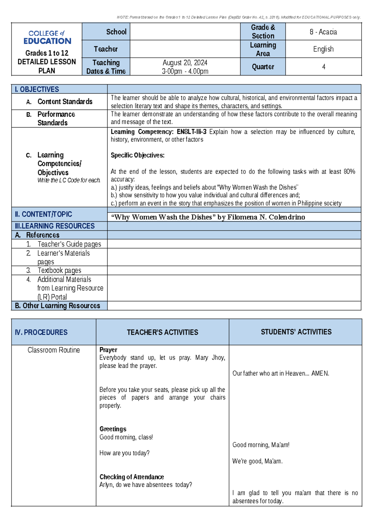 LP WHY Women WASH THE Dishes - Grades 1 to 12 DETAILED LESSON PLAN ...