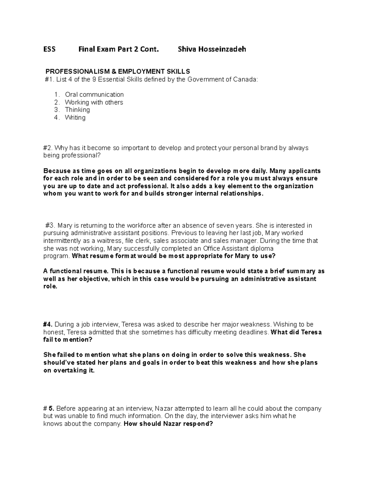Final Exam Part 2 ( PROFESSIONALISM & EMPLOYMENT SKILLS) - ESS Final ...