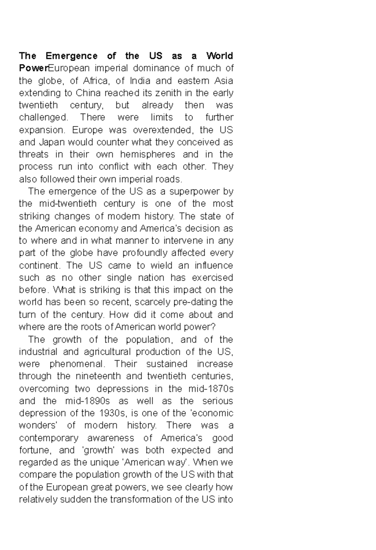 The Emergence of the US as a World Power - The Emergence of the US as a ...