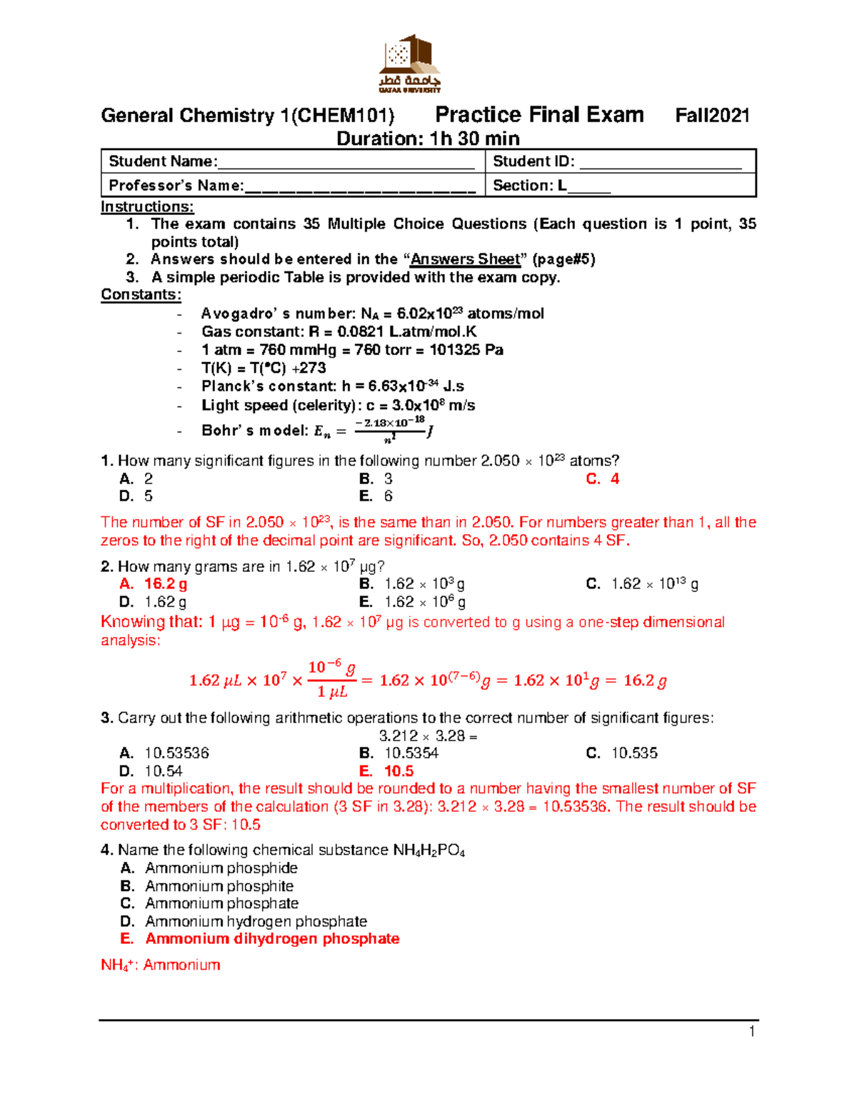 Practice Final Exams - The exam contains 3 5 Multiple Choice Questions ...