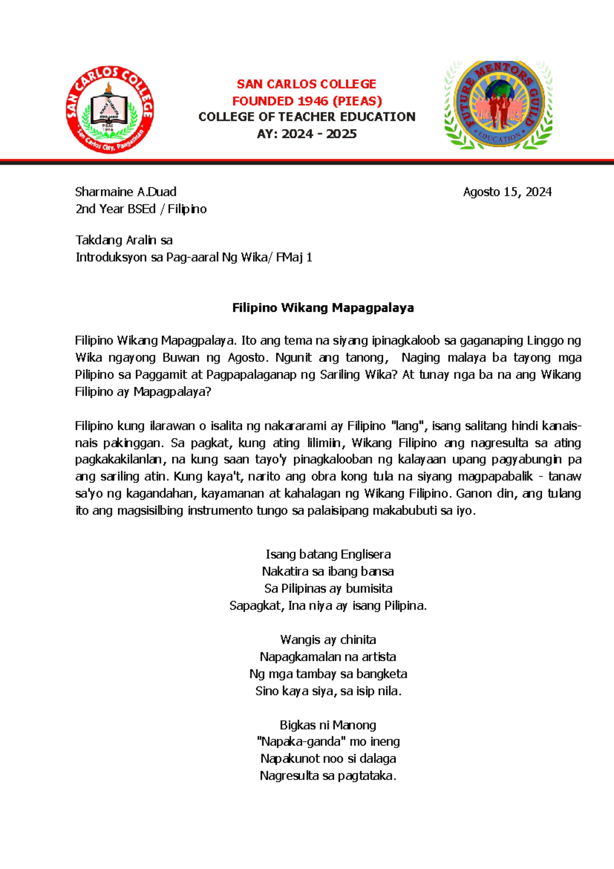 Filipino Wikang Mapagpalaya - Ito ang tema na siyang ipinagkaloob sa gaganaping Linggo ng Wika ...