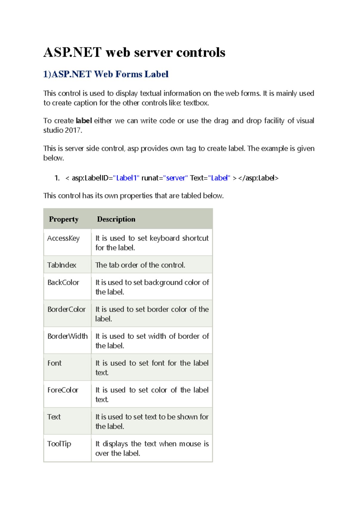 Asp Web Controls My Notes Asp Web Server Controls 1 Asp Web Forms Label This Control Is Used