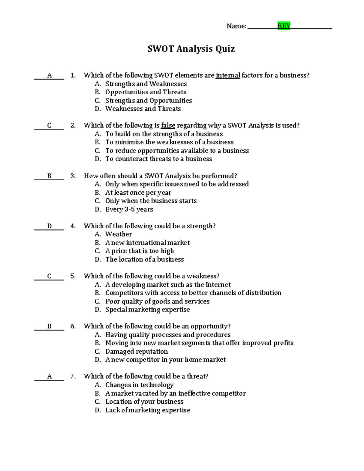 SWOT Analysis Quiz Key - Practice theory problems - Name: KEY SWOT ...