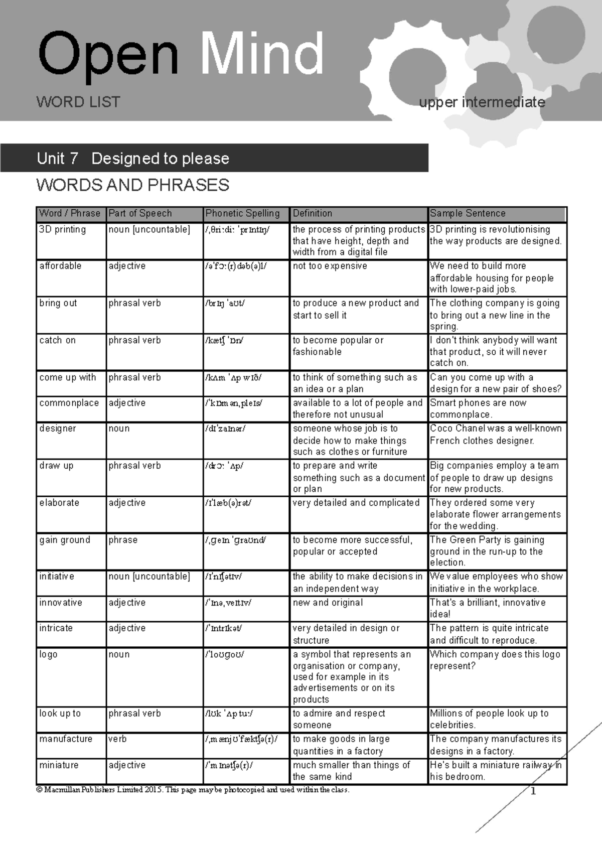 7 Informations Open Mind WORD LIST Upper Intermediate Unit 7
