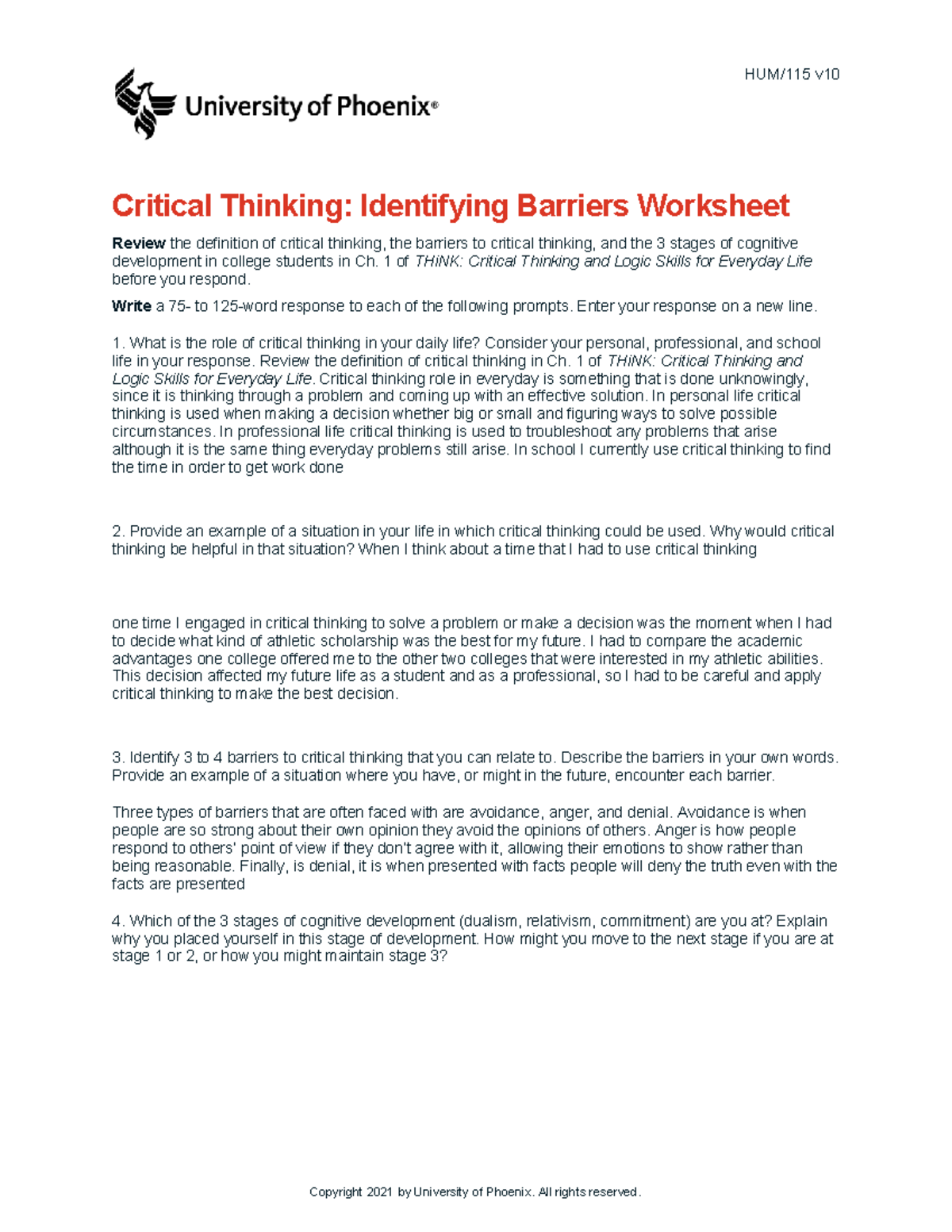 Hum115 v10 wk1 critical thinking identifying barriers worksheet - HUM ...