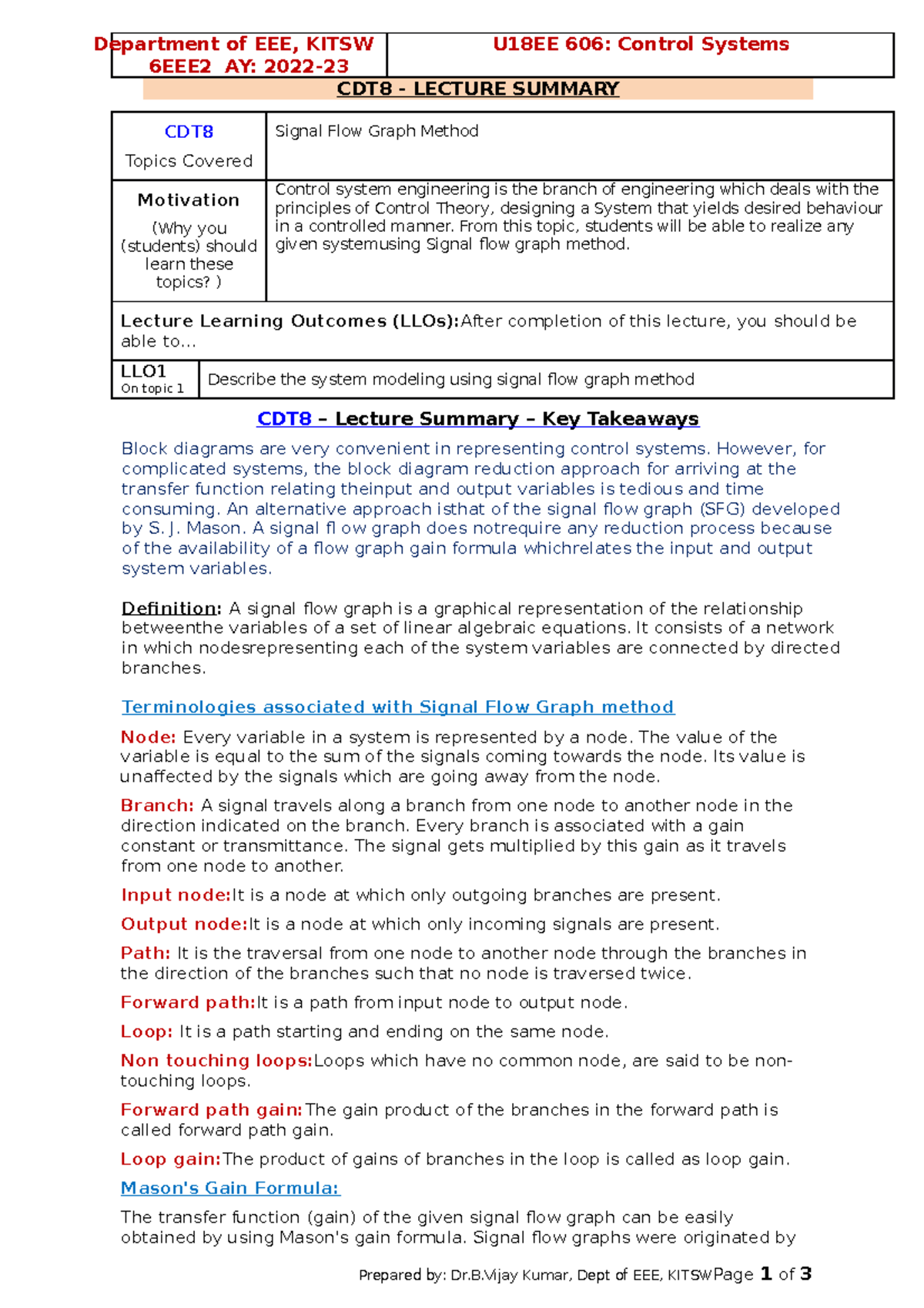 CS CDT8 Summary SFG - Important notes - Department of EEE, KITSW 6EEE2 ...
