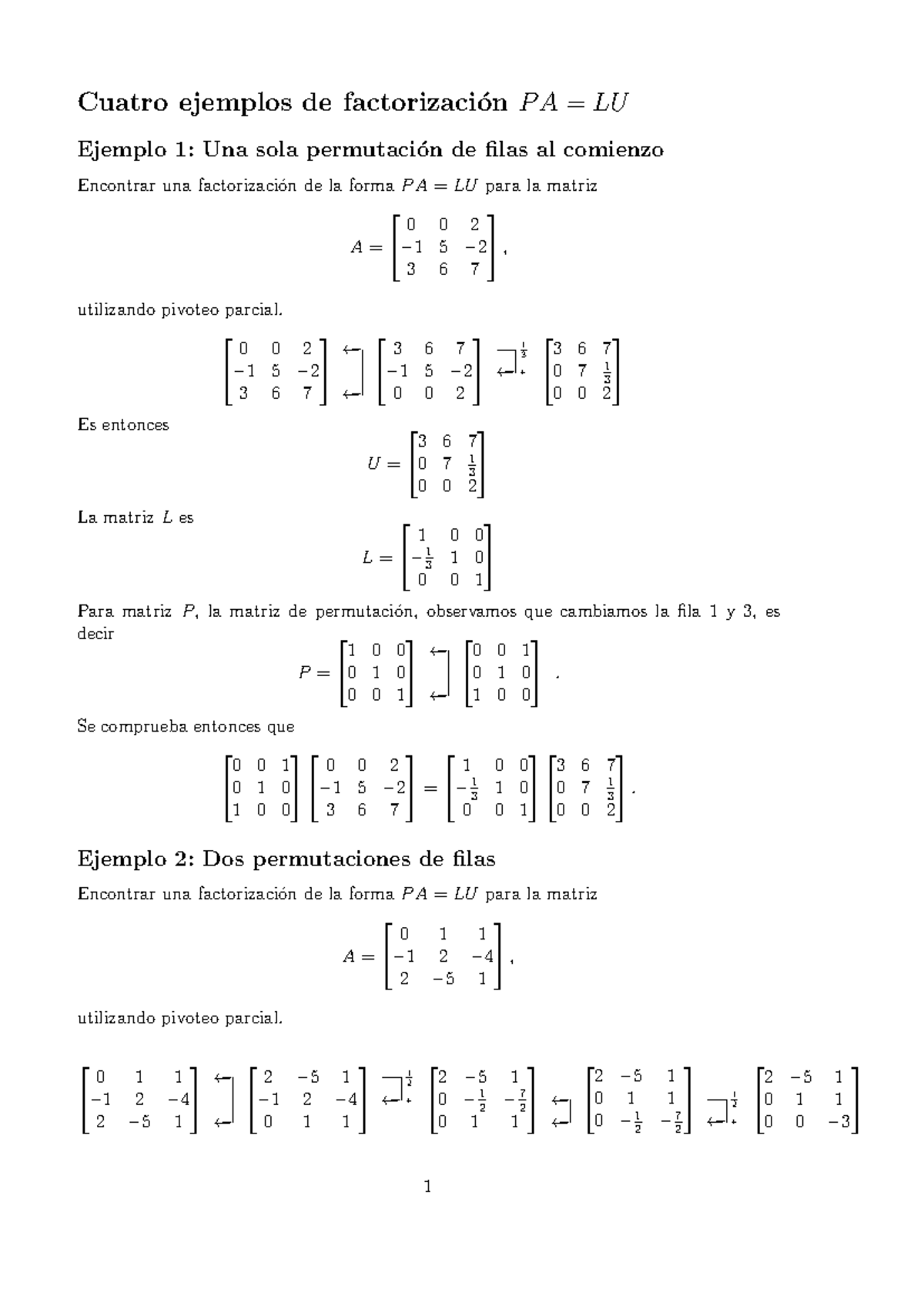 Factorizacion PA=LU - Cuatro ejemplos de factorizaci ́on P A = LU ...