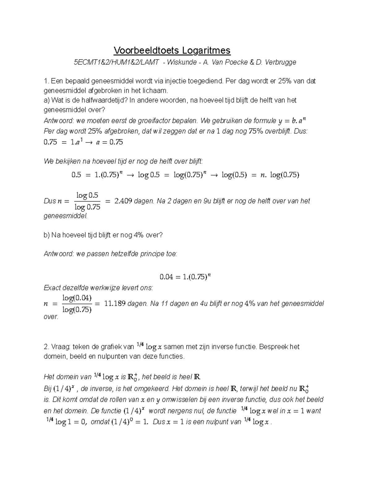 Voorbeeldtoets Logaritmes - Voorbeeldtoets Logaritmes 5ECMT1&2/HUM1&2 ...