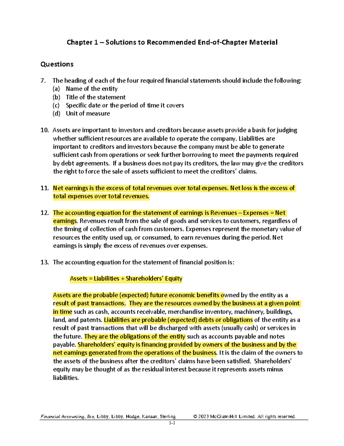 Probs SOLS - Problems solutions of chapter 1 - Financial Accounting, 8ce, Libby, Libby, Hodge ...