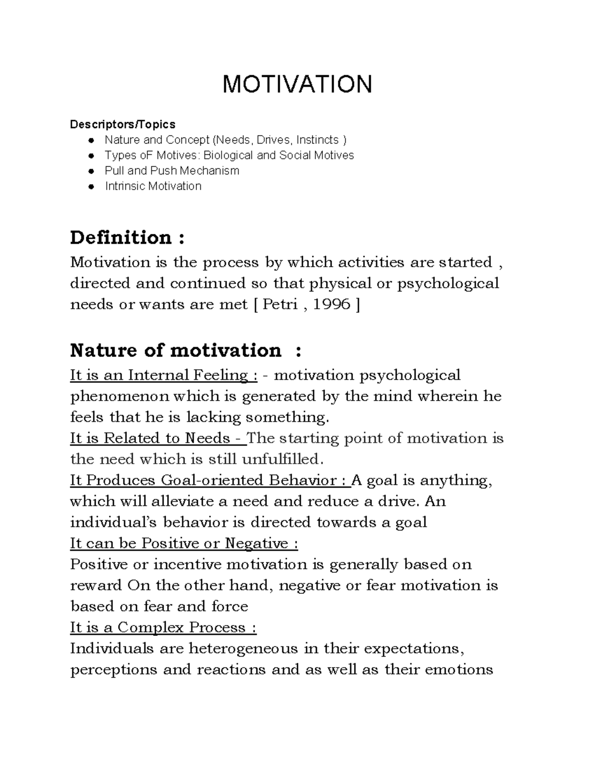 Motivation basic psych notes - MOTIVATION Descriptors/Topics Nature and ...