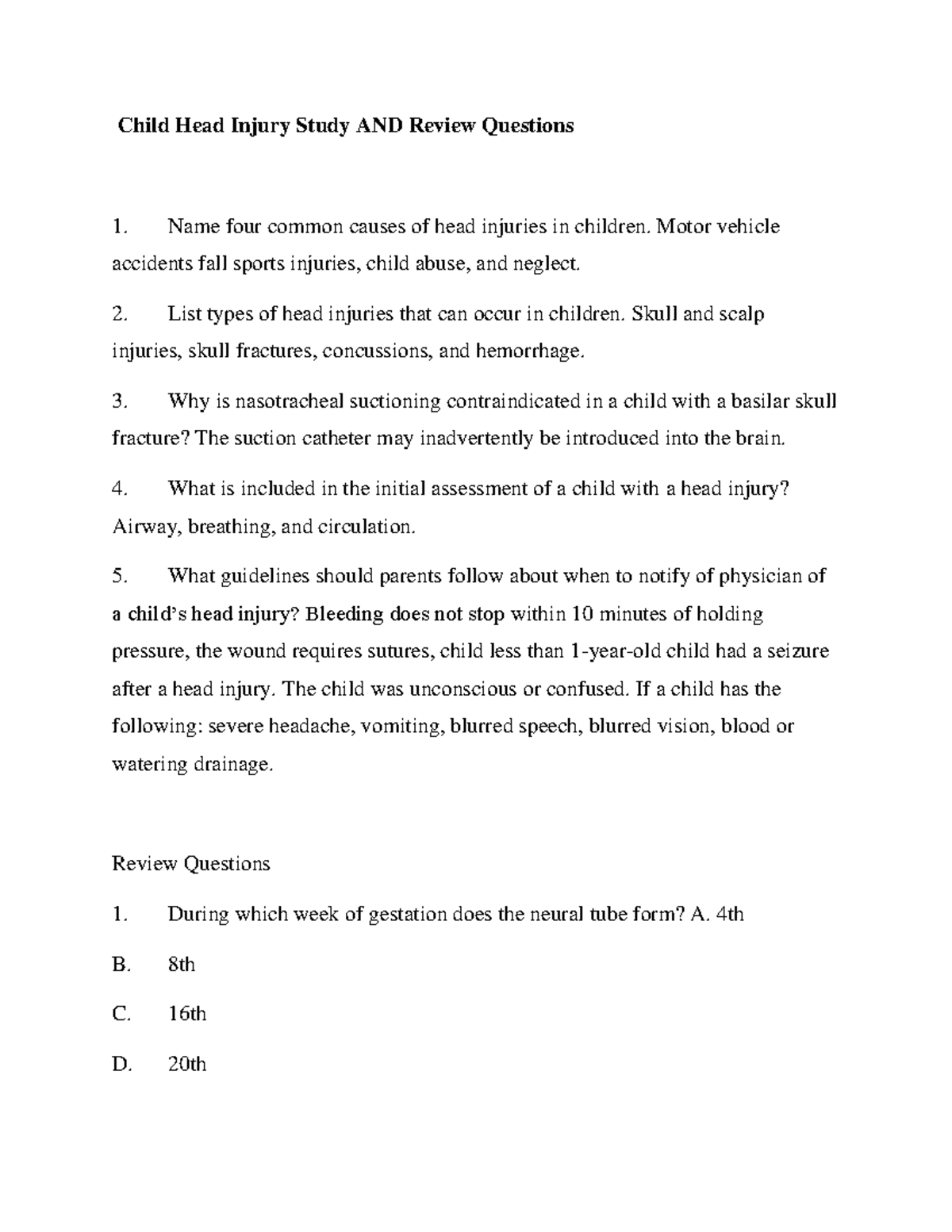 Child Head Injury Study AND Review Questions - Motor vehicle accidents ...