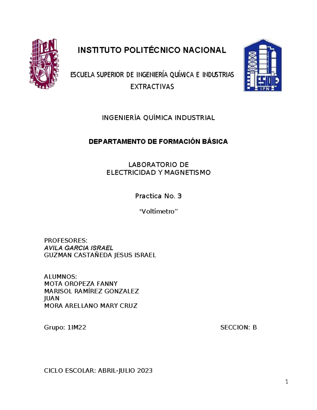 Practica 3 LAB. Electricidad Y Magnetismo 1 - INSTITUTO POLITÉCNICO NACIONAL ESCUELA SUPERIOR DE ...