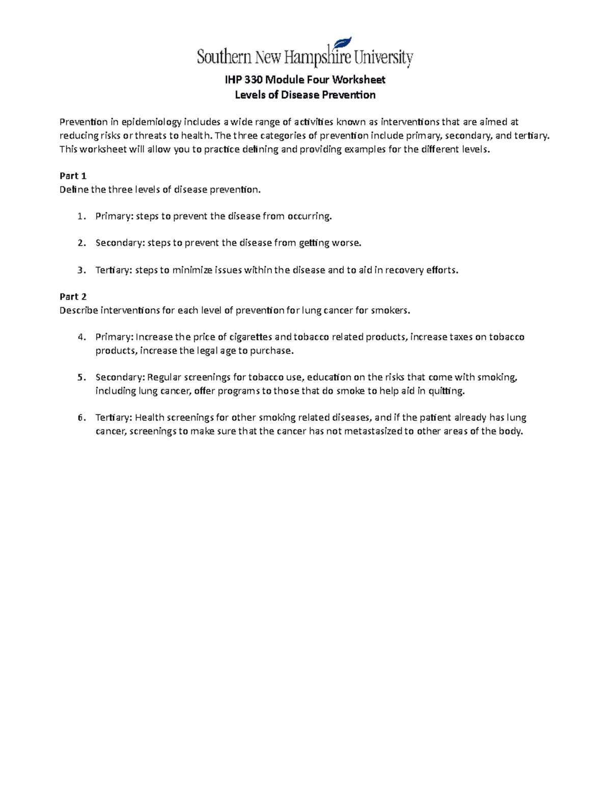 IHP 330 Module Four Worksheet - IHP 330 Module Four Worksheet Levels of ...