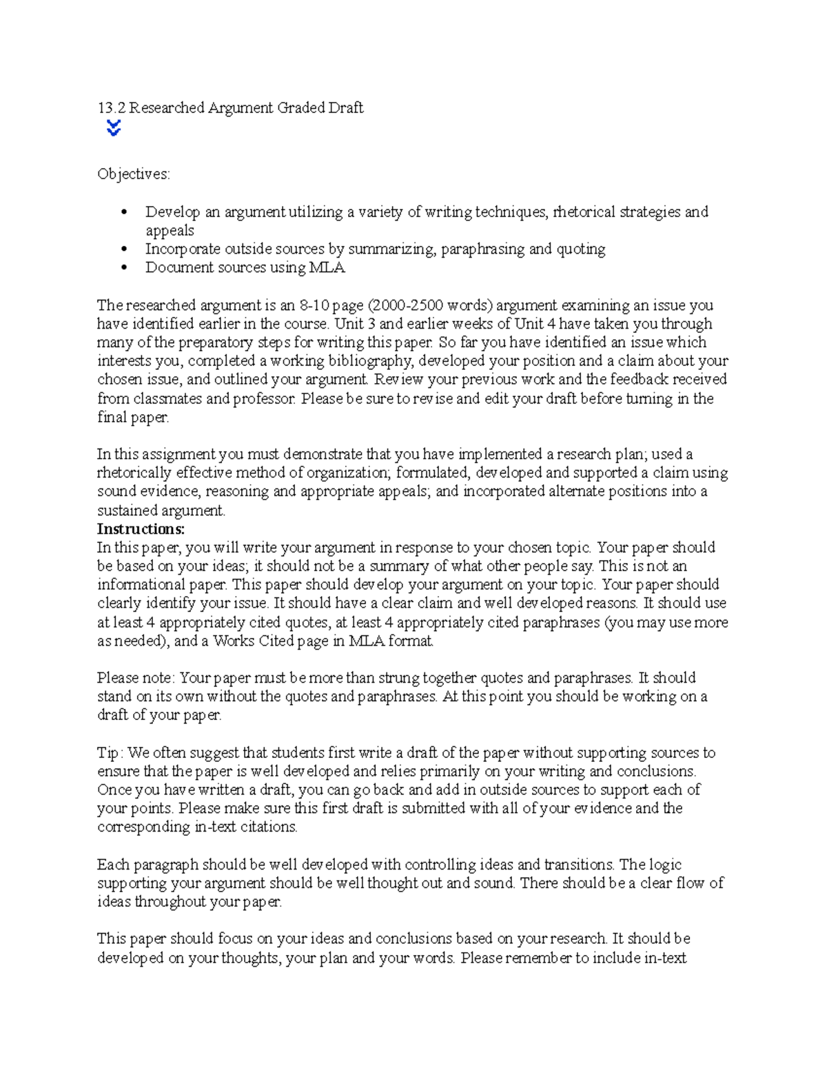 Argument instructions - 13 Researched Argument Graded Draft Objectives ...