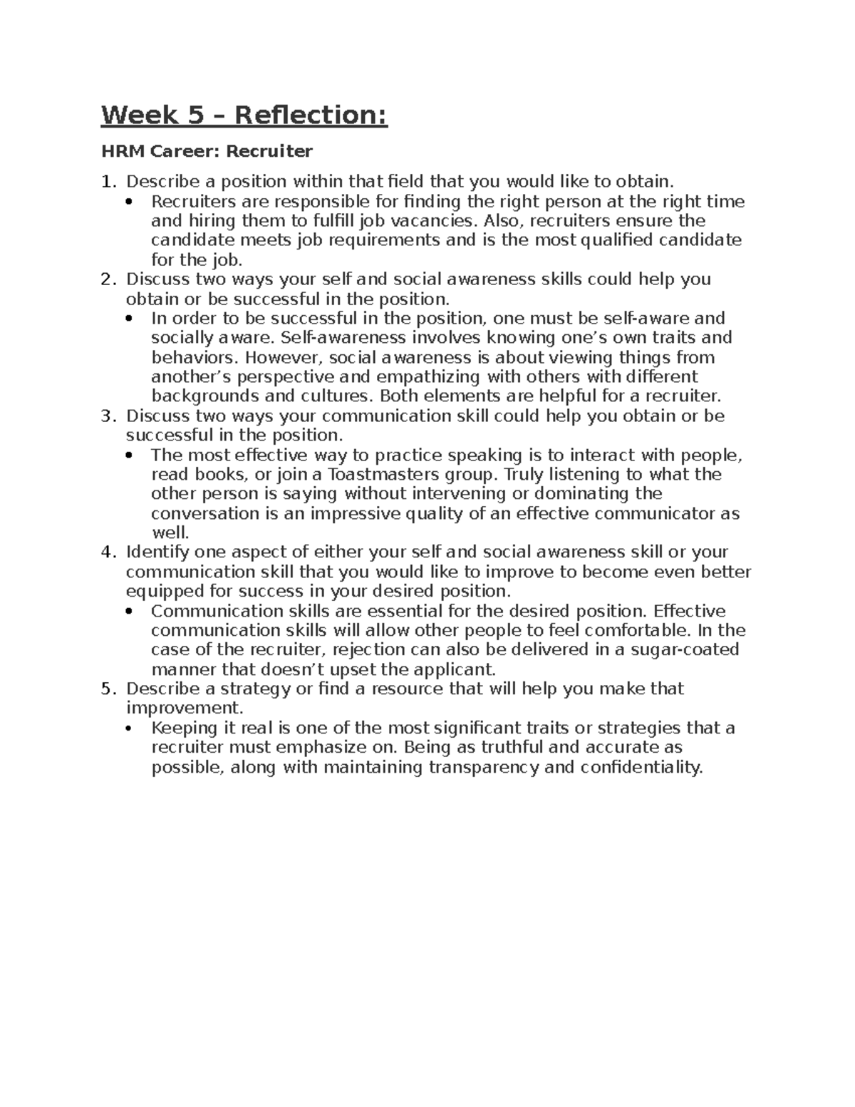 Week 5 Reflection Assignment - (HR) - Week 5 – Reflection: HRM Career ...