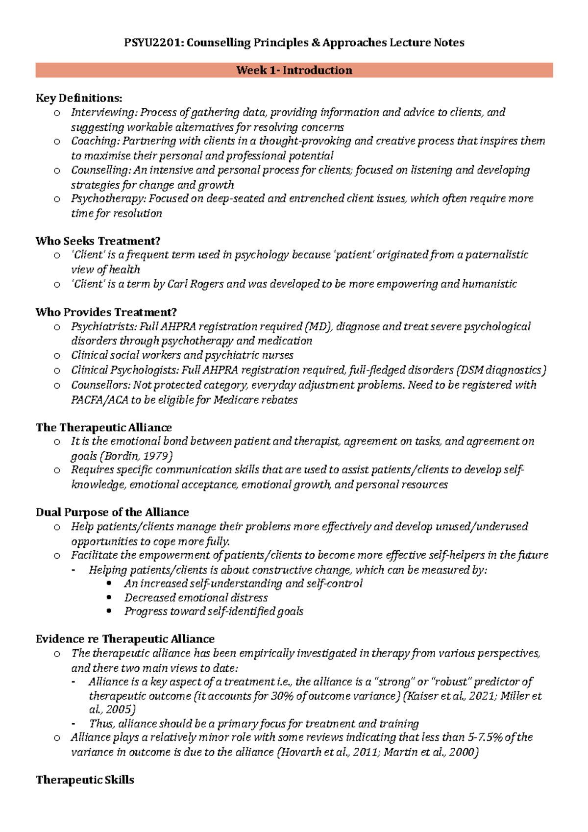 PSYU2201 Notes - PSYU2201: Counselling Principles & Approaches Lecture ...