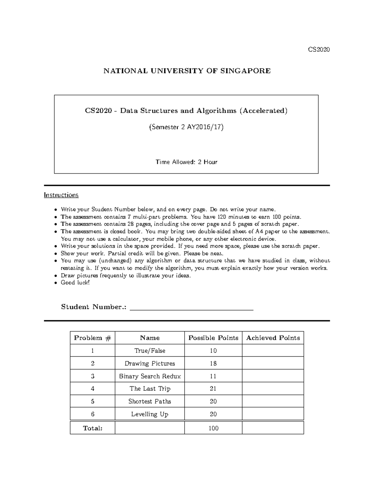 2017 CS2040S Finals - ####### CS NATIONAL UNIVERSITY OF SINGAPORE ... 2017 CS2040S Finals - ####### CS NATIONAL UNIVERSITY OF SINGAPORE ...