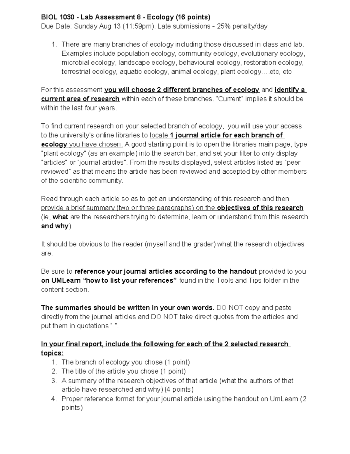 BIOL 1030 - Lab Assessment 8 - Ecology - BIOL 1030 - Lab Assessment 8 - Ecology (16 points) Due ...