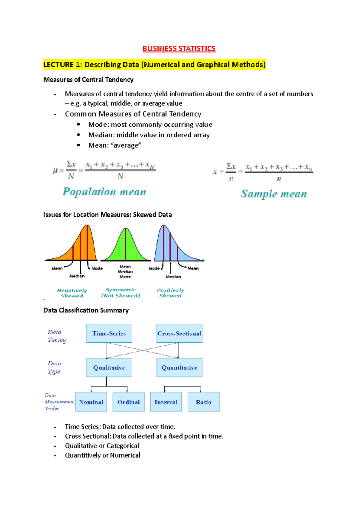 Business Statistics Notes - BUSINESS STATISTICS LECTURE 1: Describing ...