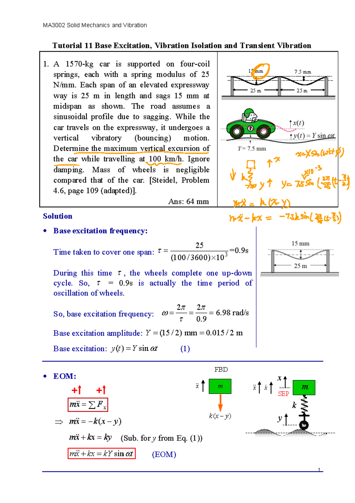 Solution to Tutorial Problems Tutorial 11 - Tutorial 11 Base Excitation, Vibration Isolation and ...