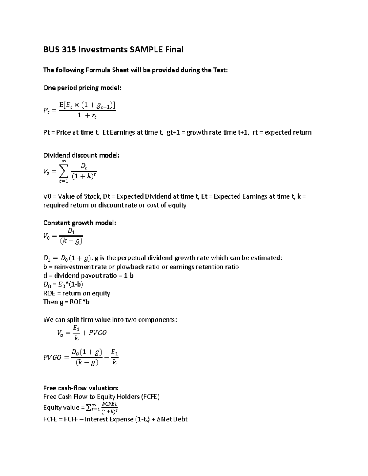 Sample Final - BUS 315 Investments SAMPLE Final The following Formula ...