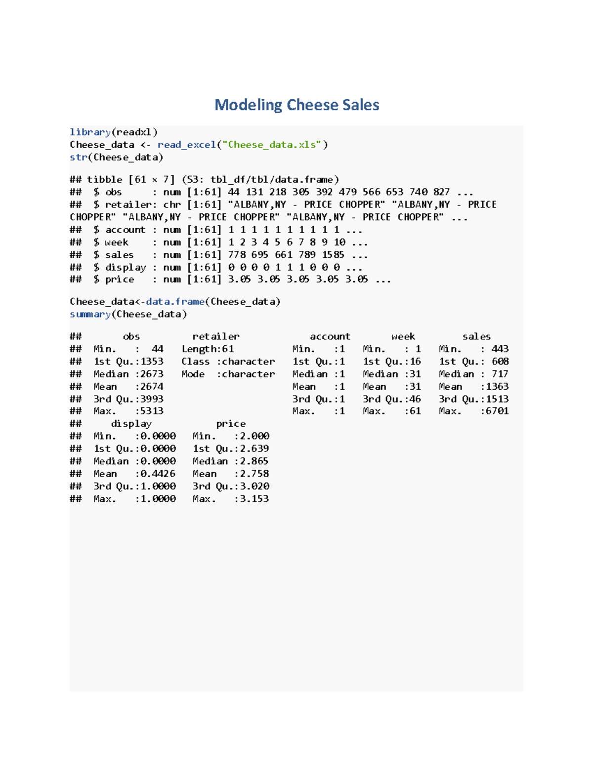 Cheese Analysis - ........... - Modeling Cheese Sales library(readxl ...