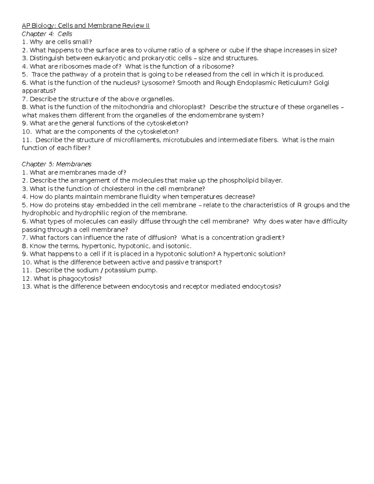 AP Biology Review 2 - AP Biology: Cells and Membrane Review II Chapter ...