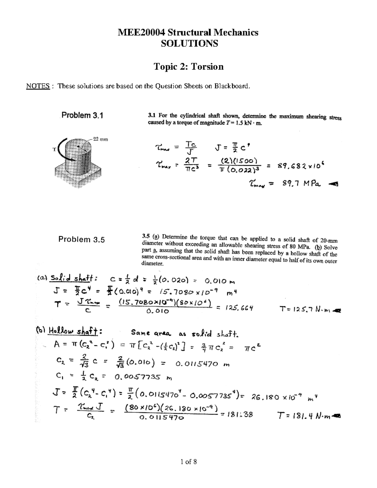 Solutions Topic 2 - Week 02 tutorial work - MEE20004 - MEE20004 ...