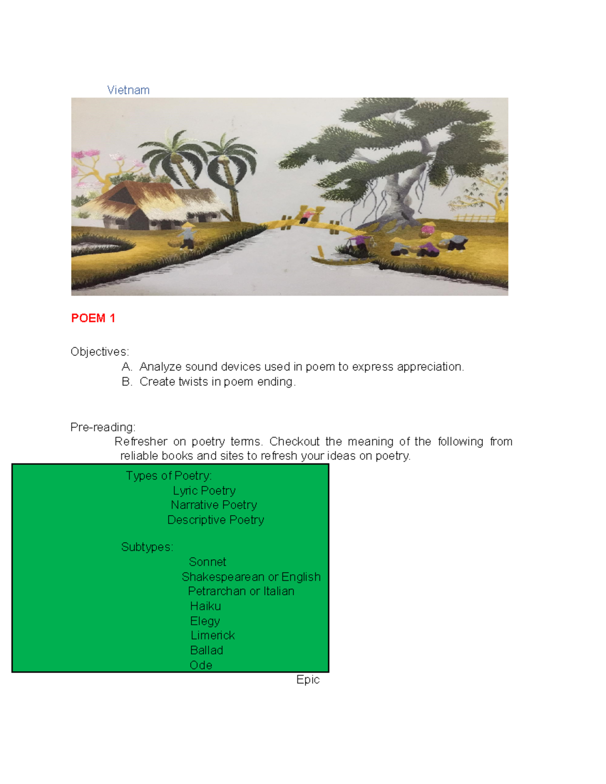 Asean LIT 4 - Vietnam POEM 1 Objectives: A. Analyze sound devices used ...