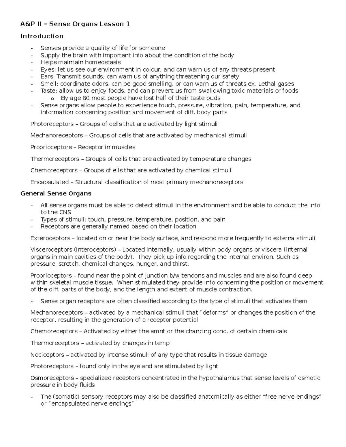 Sense organs notes - HLSC1201U - Ontario Tech University - Studocu